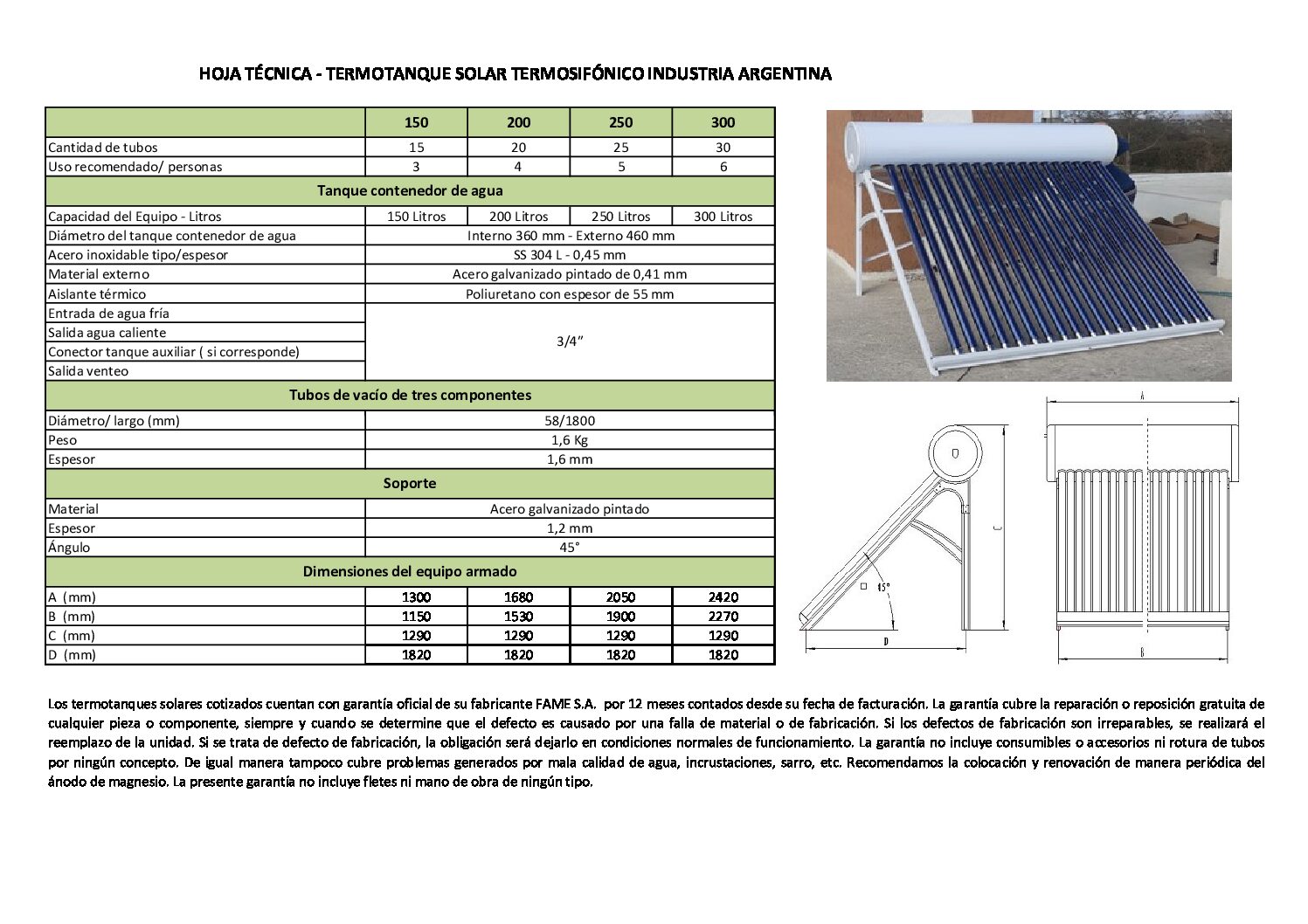 Termotanque solar de 200 Lt termosifónico + Barra de magnesio ...